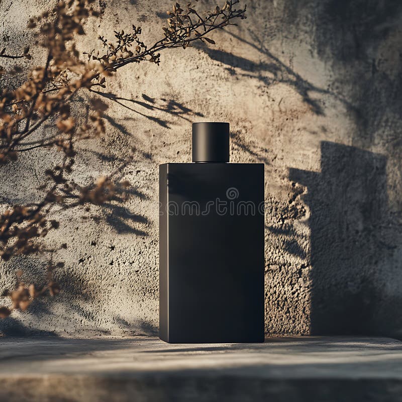 Black Rectangular Bottle in Nature-Inspired Rustic Setting Stock ...