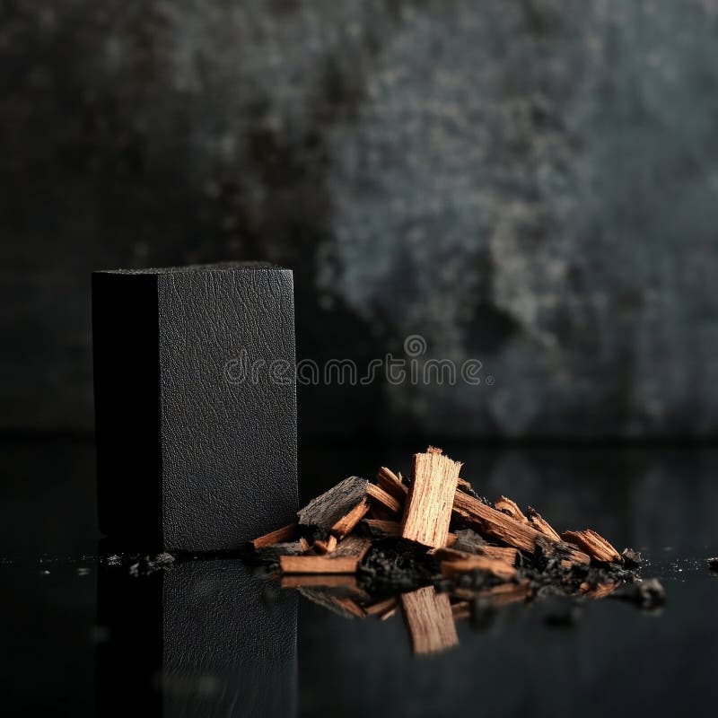 Black Rectangular Box with Wood Chips on Reflective Surface Against ...