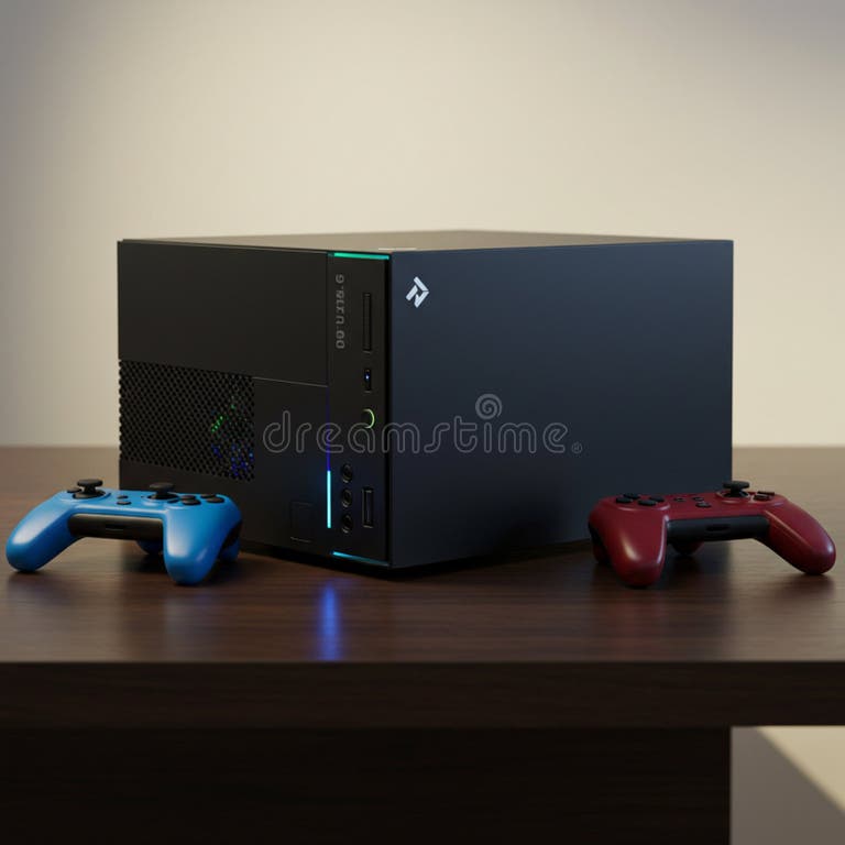 Black Rectangular Gaming Console on a Wooden Surface, with a Sleek ...