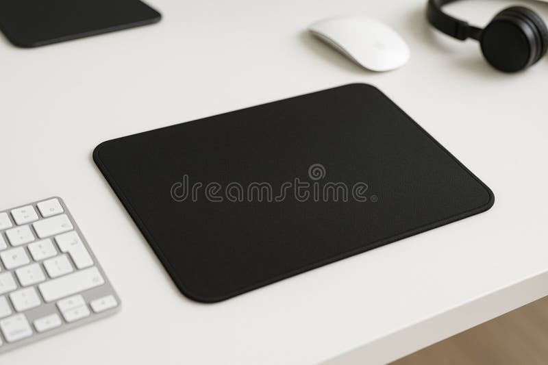Black Mouse Pad on Clean White Desk beside Keyboard and Headphones ...