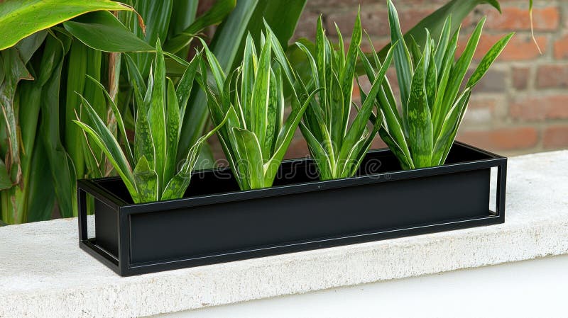 A Black Rectangular Planter Box with Four Green Plants Sits on a White ...
