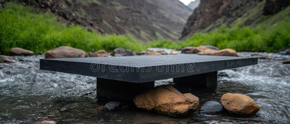 A Black Rectangular Platform Sits in a Shallow River, Surrounded by ...
