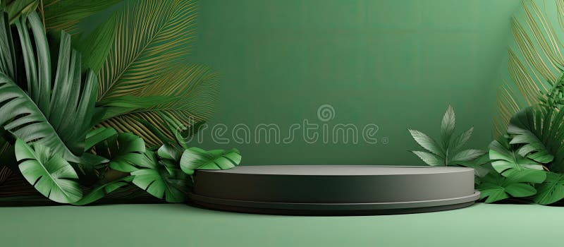 Black Rectangular Podium with Green Leaves, Set on Grassy Landscape ...
