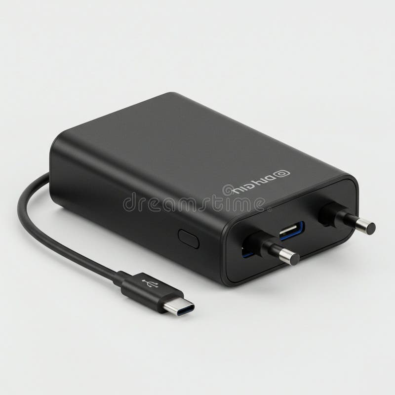Black Rectangular Power Adapter with a USB-C Cable. the Design Features ...