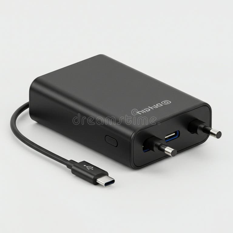 Black Rectangular Power Adapter with a USB-C Cable. the Design Features ...