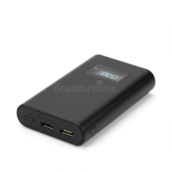 Black Rectangular Power Bank with Rounded Edges, Featuring a Digital ...
