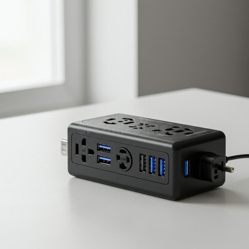 A Black, Rectangular Power Strip with Multiple Outlets and USB Ports ...