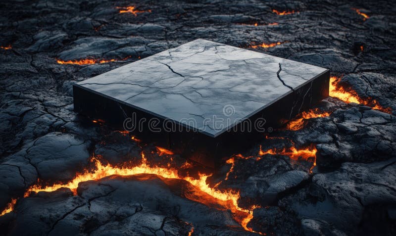 Black Rectangular Slab on Lava Surface with Glowing Cracks and Molten ...