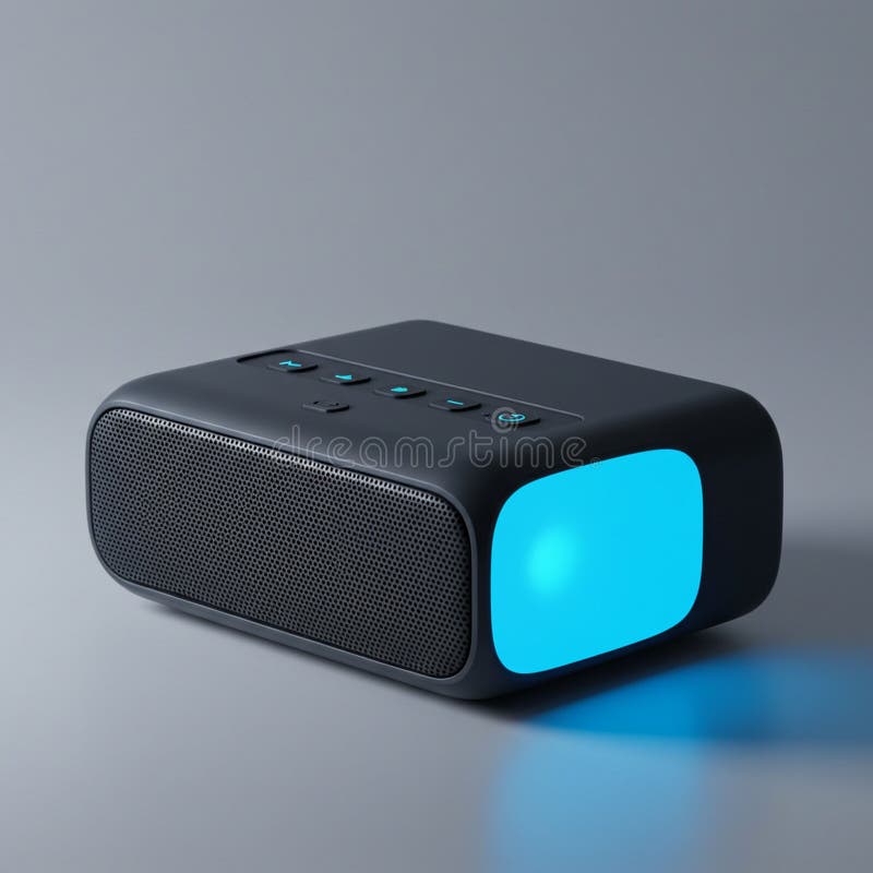 Black Rectangular Speaker with a Perforated Front and a Glowing Blue ...