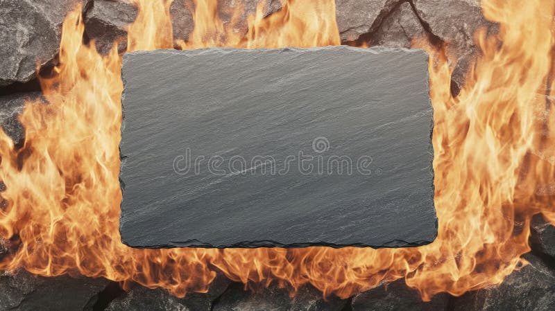 Black Rectangular Stone Encased in Flames on a Dark Grunge Background ...