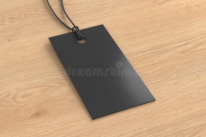 Black Rectangular Tag Mockup on Wooden Background. Side View Stock ...