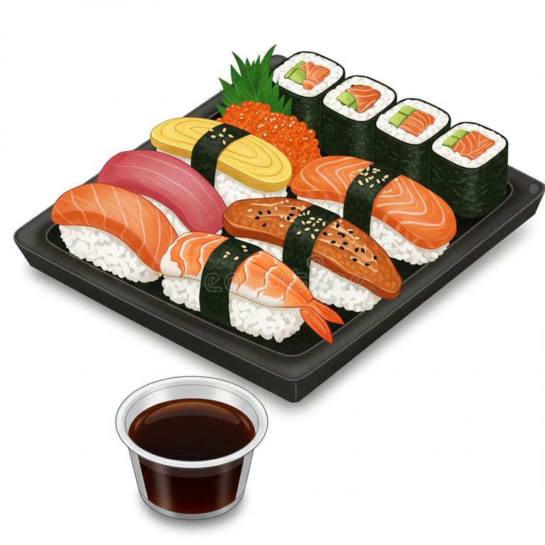 A Black Rectangular Tray Displaying a Variety of Sushi Isometric ...