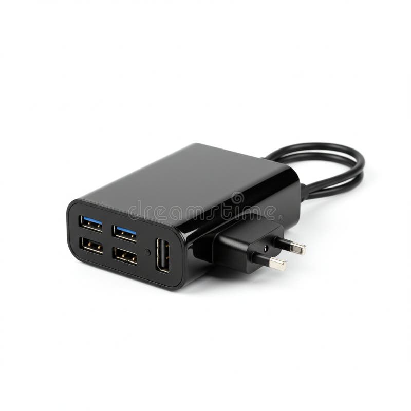 A Black Rectangular USB Charger Adapter with Four USB Ports, Including ...