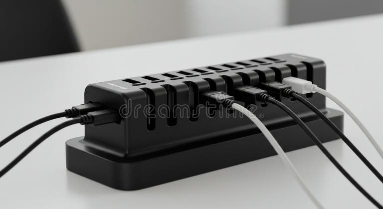 A Black, Rectangular USB Charging Station with Multiple Ports Houses Several Cables in Stock ...