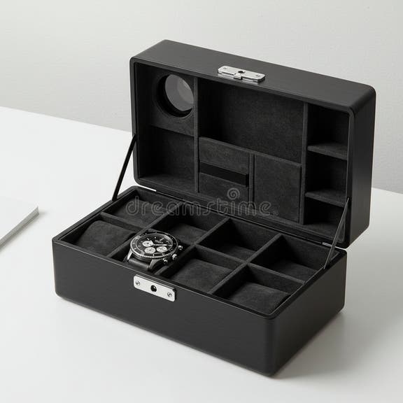 Black Rectangular Watch Box with an Open Lid, Revealing Multiple ...