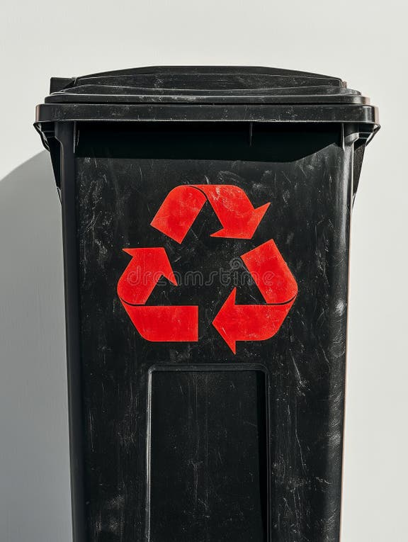 Black Recycling Bin with Red Recycle Symbol Stock Image - Image of ...
