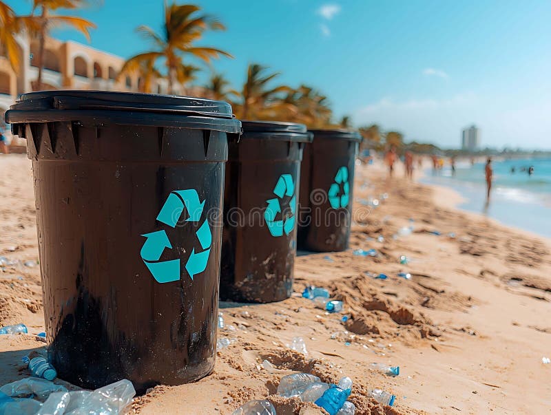 Black Recycling Bins on a Sunny Beach, Promoting Environmental ...
