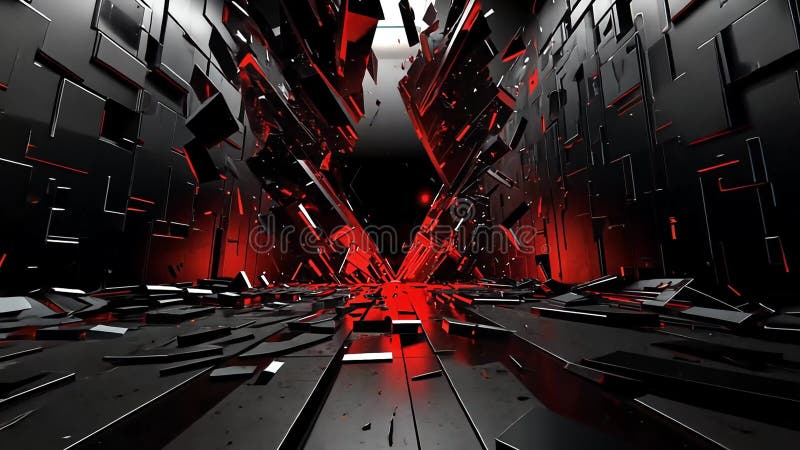 Black and Red Abstract 3D Geometric Structure Exploding Inwards with ...