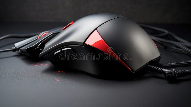 A Black and Red Computer Mouse on a Black Surface with Wires Stock ...
