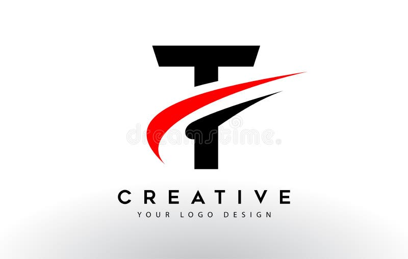 Black and Red Creative T Letter Logo Design with Swoosh Icon Vector ...