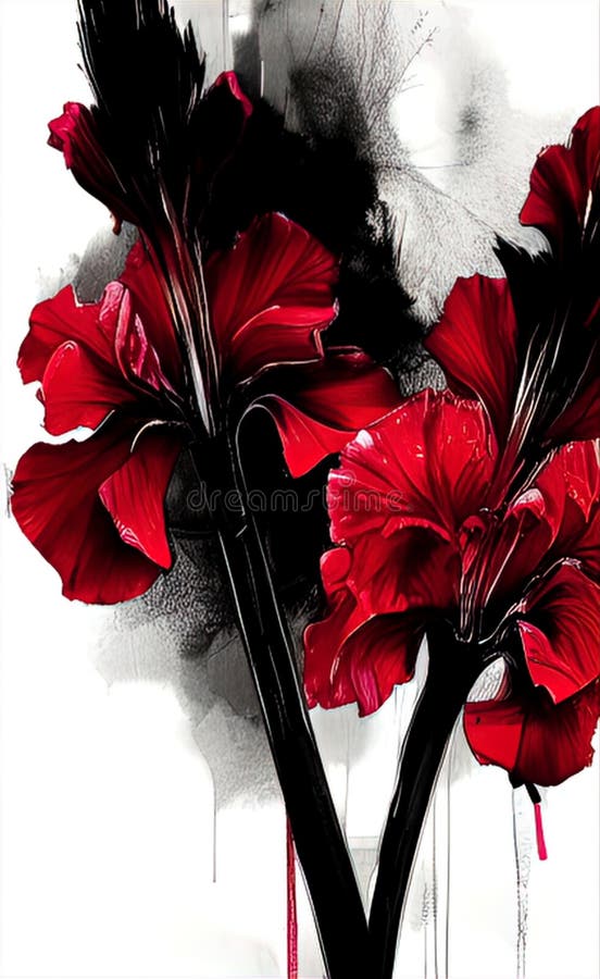 Black and Red Drawing of Gladiolus on a White Background, Ink Stock ...