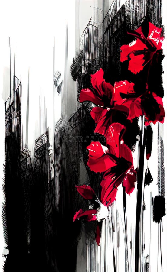Black and Red Drawing of Gladiolus on a White Background, Ink Stock ...
