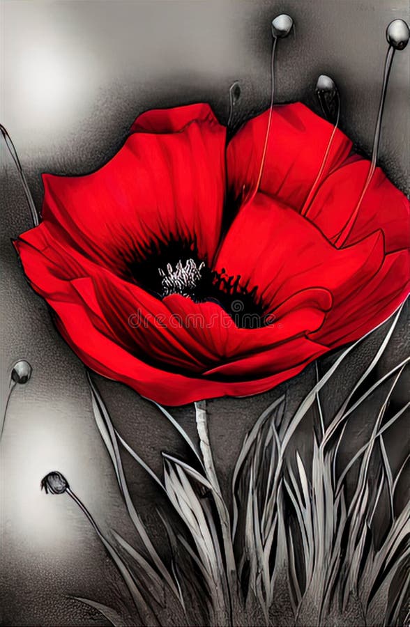 Black and Red Drawing of Poppy Flowers on a White Background, Ink Stock ...