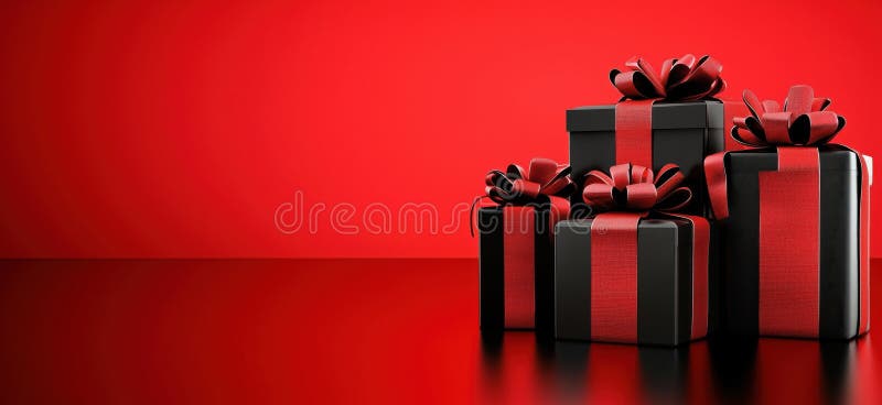 Stacked Black Gift Boxes Red Ribbon Festive Holiday Design Stock Photos ...