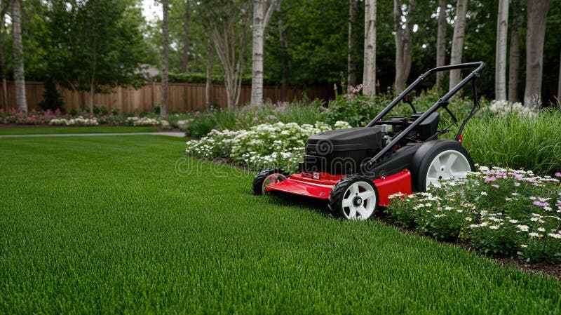 Black and Red Lawn Mower Rests on Lush Grass Surrounded by Wildflowers, Capturing the Essence of ...