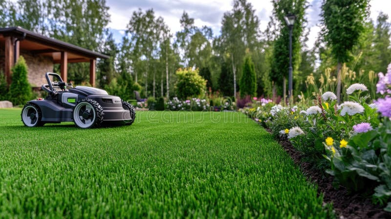 Black and Red Lawn Mower Rests on Lush Grass Surrounded by Wildflowers ...