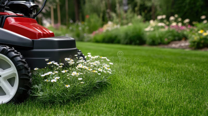 Black and Red Lawn Mower Rests on Lush Grass Surrounded by Wildflowers, Capturing the Essence of ...