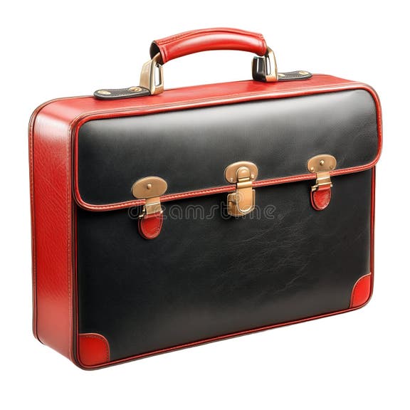 A Black and Red Leather Briefcase with a Red Handle and Gold Clasps ...