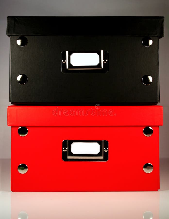 Black and Red Office Boxes with Blank Label Stock Photo - Image of grey ...
