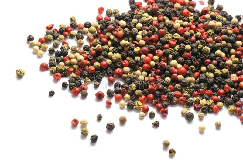Black, Red and White Pepper Grains Isolated on White. Spice. Panorama ...