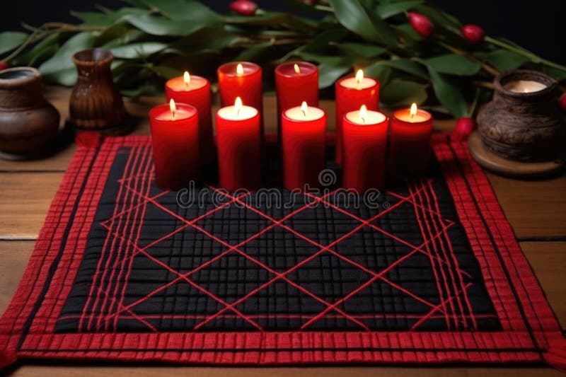 Black and Red Woven Mat with Seven Candles Stock Image - Image of woven ...