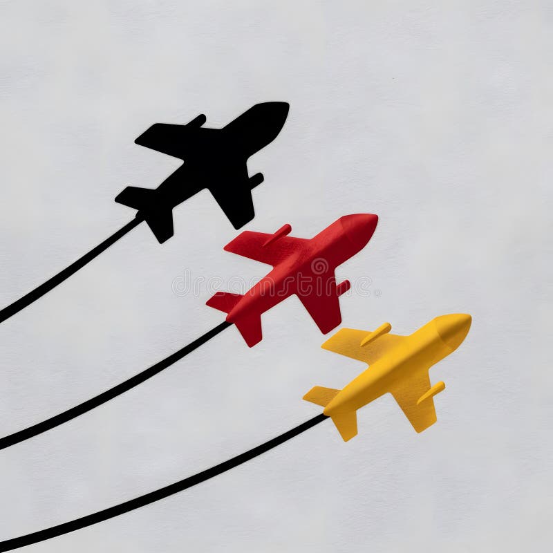 Black, Red, and Yellow Stylized Planes in Flight on White Background ...