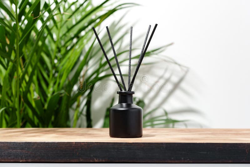 Black Reed Diffuser Bottle on Wooden Tabletop with Green Plant Stock ...