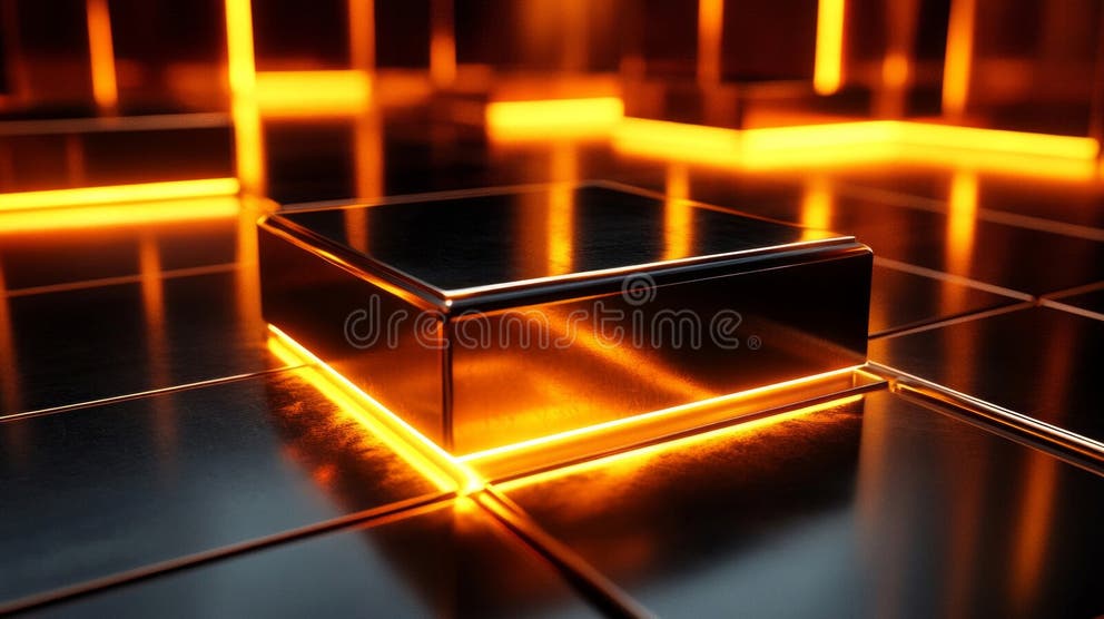 Black Reflective Cube on Orange Lit Platform Stock Illustration ...