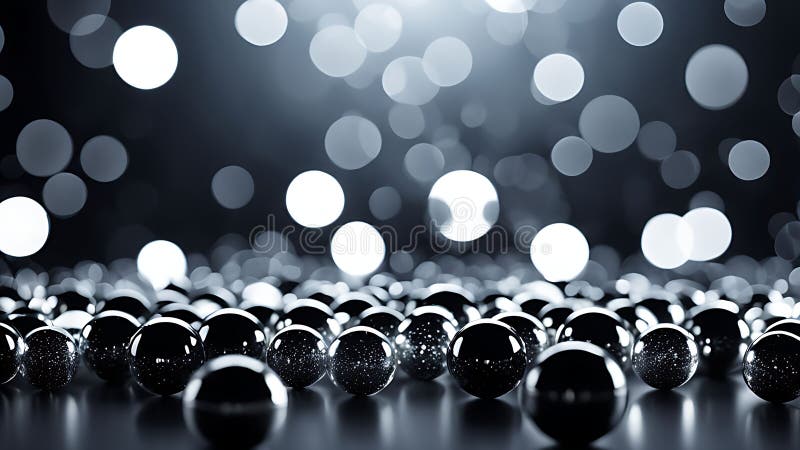 Black Reflective Spheres with Glowing Particles on a Dark Surface ...