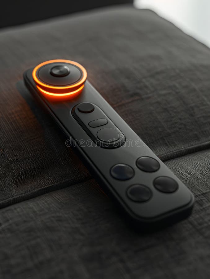 A Black Remote Control with an Illuminated Circular Button. Stock Photo ...