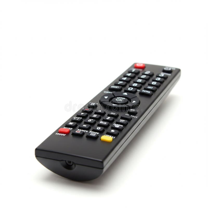 Black Remote Control Placed on a White Surface, Featuring Numerous ...