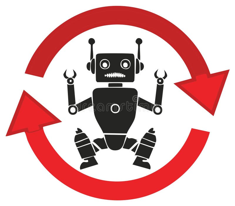 Black Retro Robot Inside a Red Circular Refresh Arrow Icon Representing ...