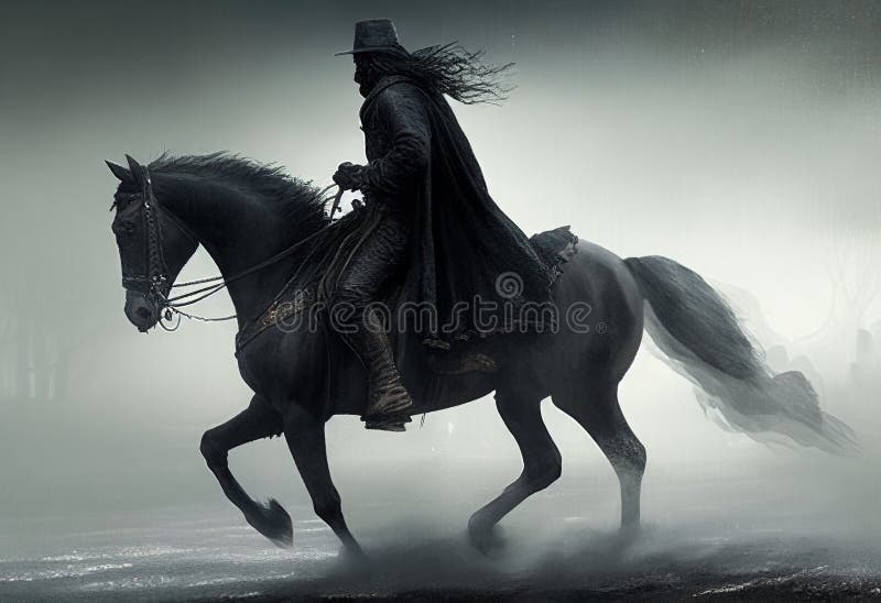 Black Rider on a Horse during the Fog. AI Generated Stock Illustration ...
