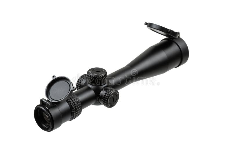 A Black Rifle Scope with Lens Covers, Adjustment Knobs, and a Honeycomb ...