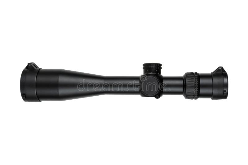 A Black Rifle Scope with Lens Covers, Adjustment Knobs, and a Honeycomb ...