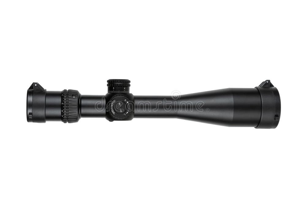 A Black Rifle Scope with Lens Covers, Adjustment Knobs, and a Honeycomb Filter Isolate on White ...