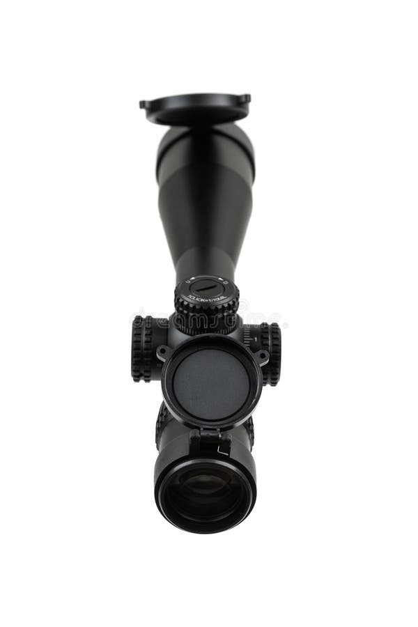A Black Rifle Scope with Lens Covers, Adjustment Knobs, and a Honeycomb Filter Isolate on White ...