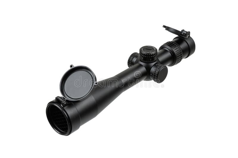 A Black Rifle Scope with Lens Covers, Adjustment Knobs, and a Honeycomb ...