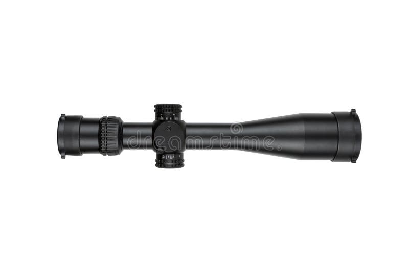 A Black Rifle Scope with Lens Covers, Adjustment Knobs, and a Honeycomb ...