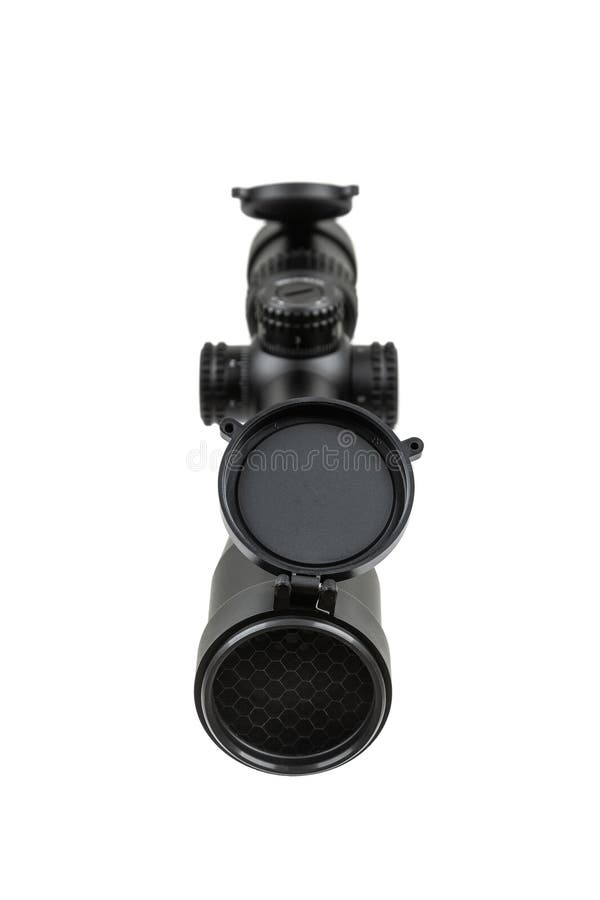 A Black Rifle Scope with Lens Covers, Adjustment Knobs, and a Honeycomb ...